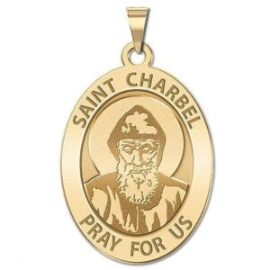 picturesongold.com saint charbel oval religious medal - 1/2 x 2/3 inch size of dime, solid 14k yellow gold