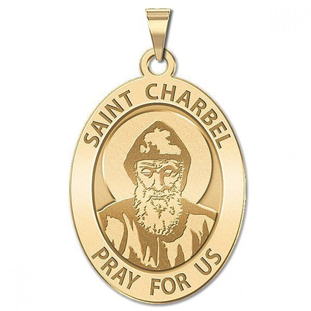 PicturesOnGold.com Saint Charbel Oval Religious Medal - 1/2 X 2/3 Inch Size of Dime, Solid 14K Yellow Gold