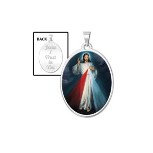 picturesongold.com divine mercy double sided oval religious medal color 2/3 x 3/4 inch size of nickel, sterling silver