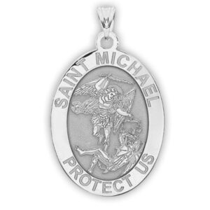 picturesongold.com saint michael oval religious medal - 3/4 inch x 1 inch in sterling silver