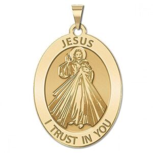 picturesongold.com divine mercy oval religious medal - 1/2 x 2/3 inch size of dime, solid 14k yellow gold