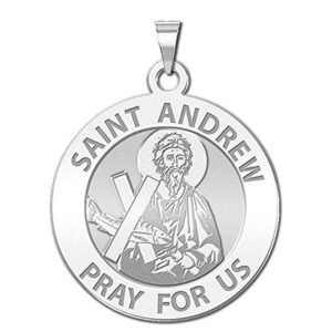 picturesongold.com saint andrew pray for us religious medal pendant necklace - 3/4 inch size of a nickel - sterling silver