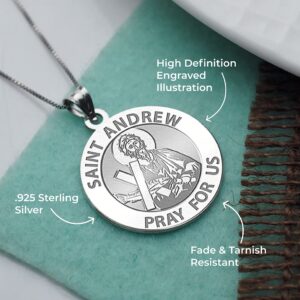 PicturesOnGold.com Saint Andrew Pray for Us Religious Medal Pendant Necklace - 3/4 Inch Size of a Nickel - Sterling Silver