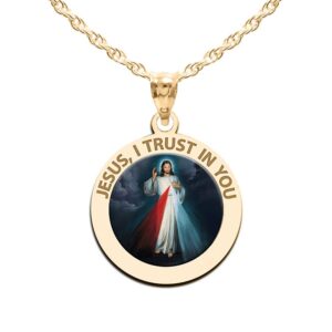 picturesongold.com divine mercy round religious medal - 1 x 1 inch inch - 10k solid yellow gold