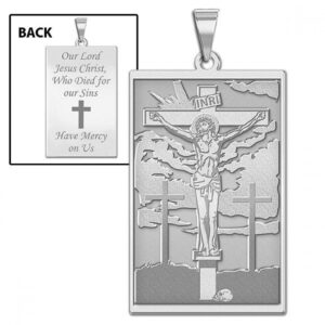 picturesongold.com the crucifixion of jesus doubled sided rectangle religious medal - 3/4 inch x 1-1/4 inch -sterling silver