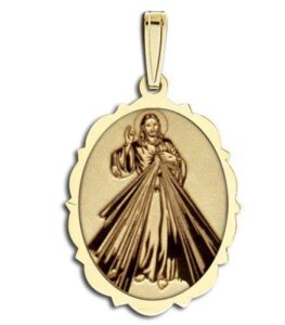 picturesongold.com divine mercy doubled sided scallopped oval religious medal 1/2 x 2/3 inch size of dime, solid 14k yellow gold