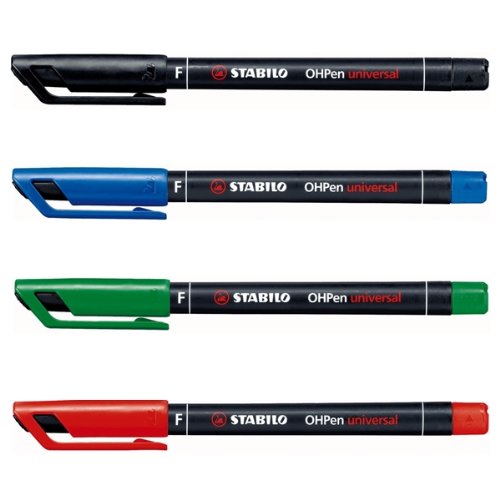 Stabilo OHPen PERMANENT Universal Marker Pen - Fine (F) Line / Width 0.7mm - ALL 4 Colour (Black-Blue-Green-Red)