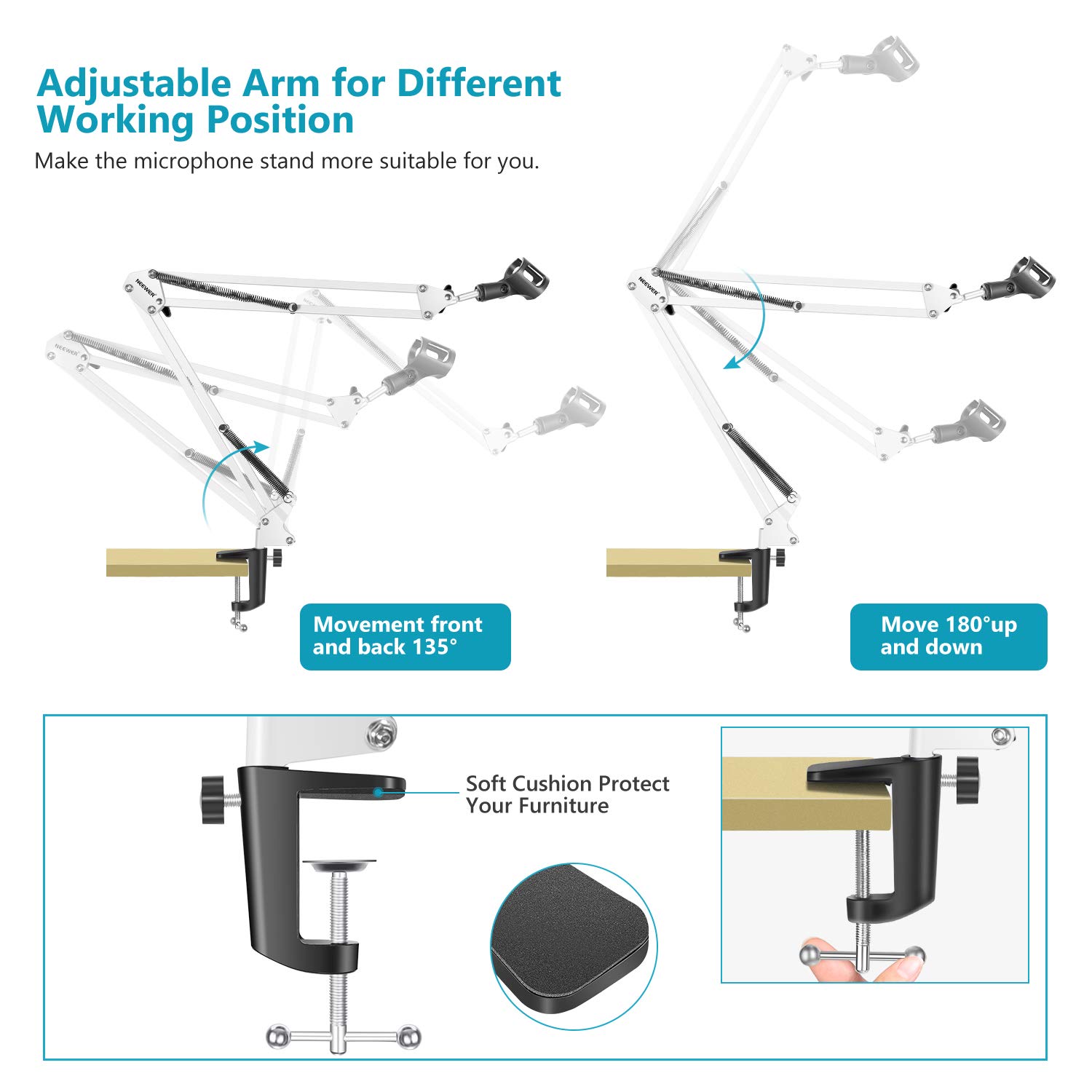 NEEWER Adjustable Microphone Suspension Boom Scissor Arm Stand, Max Load 1 KG Mic Stand for Radio Broadcasting, Voice-Over, Stage and TV Stations, Compatible with Blue Yeti Snowball Yeti X,etc (White)