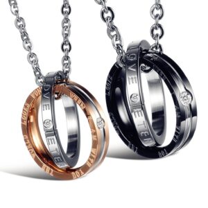 His & Hers Matching Set Titanium Stainless Steel Couple Pendant Necklace Korean Love Style with a Lucky Bean