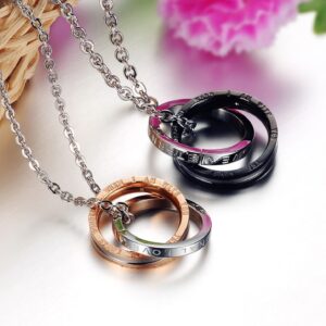 His & Hers Matching Set Titanium Stainless Steel Couple Pendant Necklace Korean Love Style with a Lucky Bean