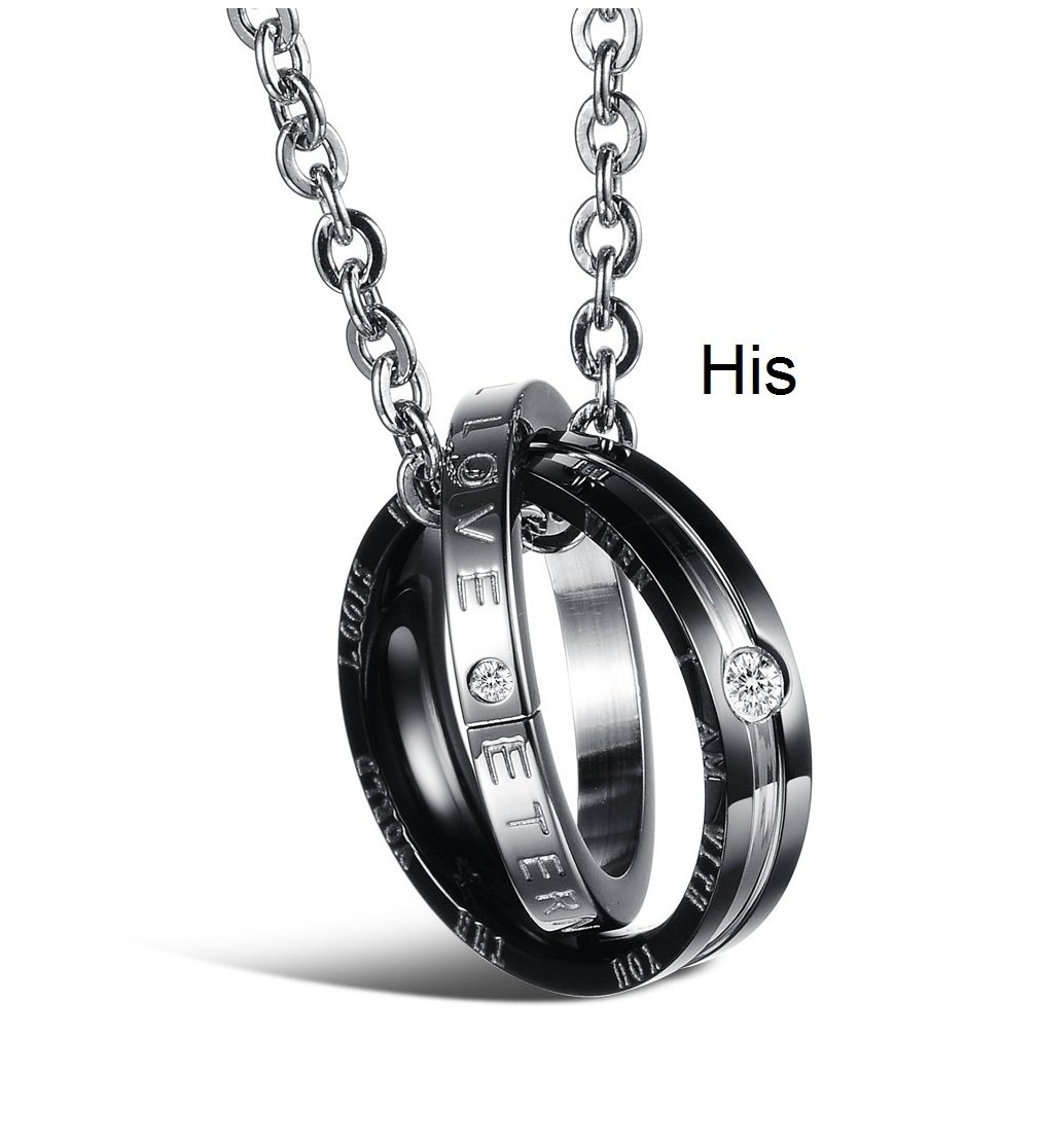 His & Hers Matching Set Titanium Stainless Steel Couple Pendant Necklace Korean Love Style with a Lucky Bean