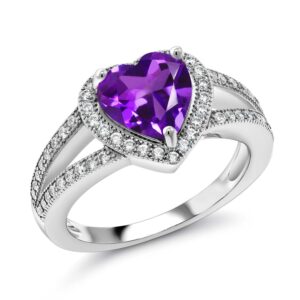 gem stone king 925 sterling silver purple amethyst and white moissanite ring for women (2.31 cttw, gemstone february birthstone, heart shape 8mm, available in size 5,6,7,8,9)