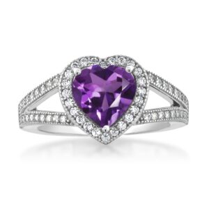 Gem Stone King 925 Sterling Silver Purple Amethyst and White Moissanite Ring For Women (2.31 Cttw, Gemstone February Birthstone, Heart Shape 8MM, Available In Size 5,6,7,8,9)