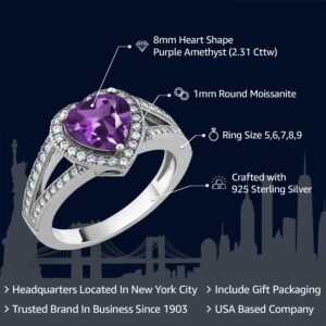 Gem Stone King 925 Sterling Silver Purple Amethyst and White Moissanite Ring For Women (2.31 Cttw, Gemstone February Birthstone, Heart Shape 8MM, Available In Size 5,6,7,8,9)