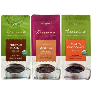 teeccino herbal coffee variety pack - mocha, french roast, maca chocolaté - ground herbal coffee that’s prebiotic, caffeine-free & acid free, medium roast, 11 ounce (pack of 3)