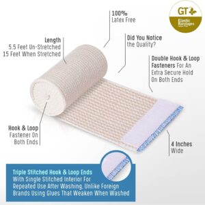 Premium Elastic Bandage Wrap (4" Wide, 12 Pack) - Made of USA Grown Organic Cotton - Hook & Loop Fasteners at Both Ends - GT Latex Free Hypoallergenic Compression Roll for Sprains & Injuries