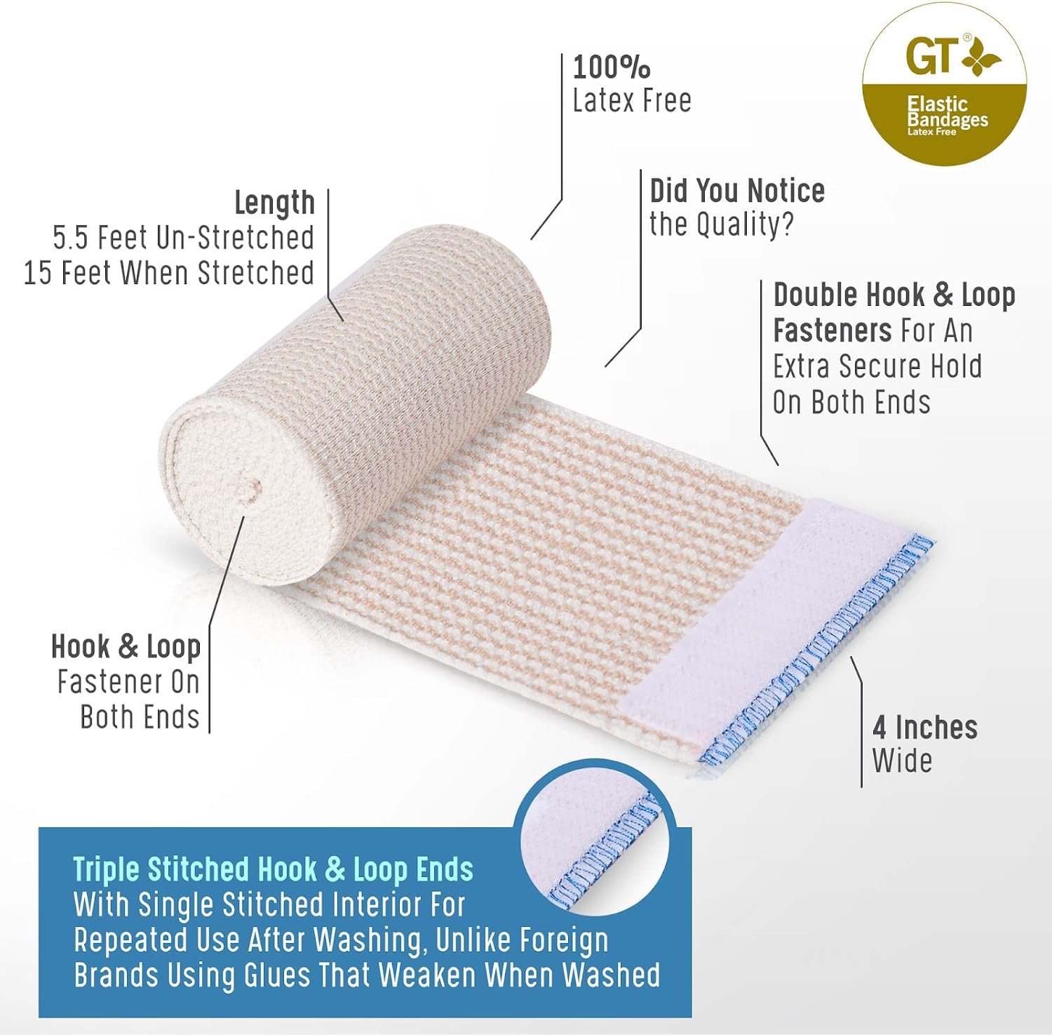 Premium Elastic Bandage Wrap (4" Wide, 12 Pack) - Made of USA Grown Organic Cotton - Hook & Loop Fasteners at Both Ends - GT Latex Free Hypoallergenic Compression Roll for Sprains & Injuries