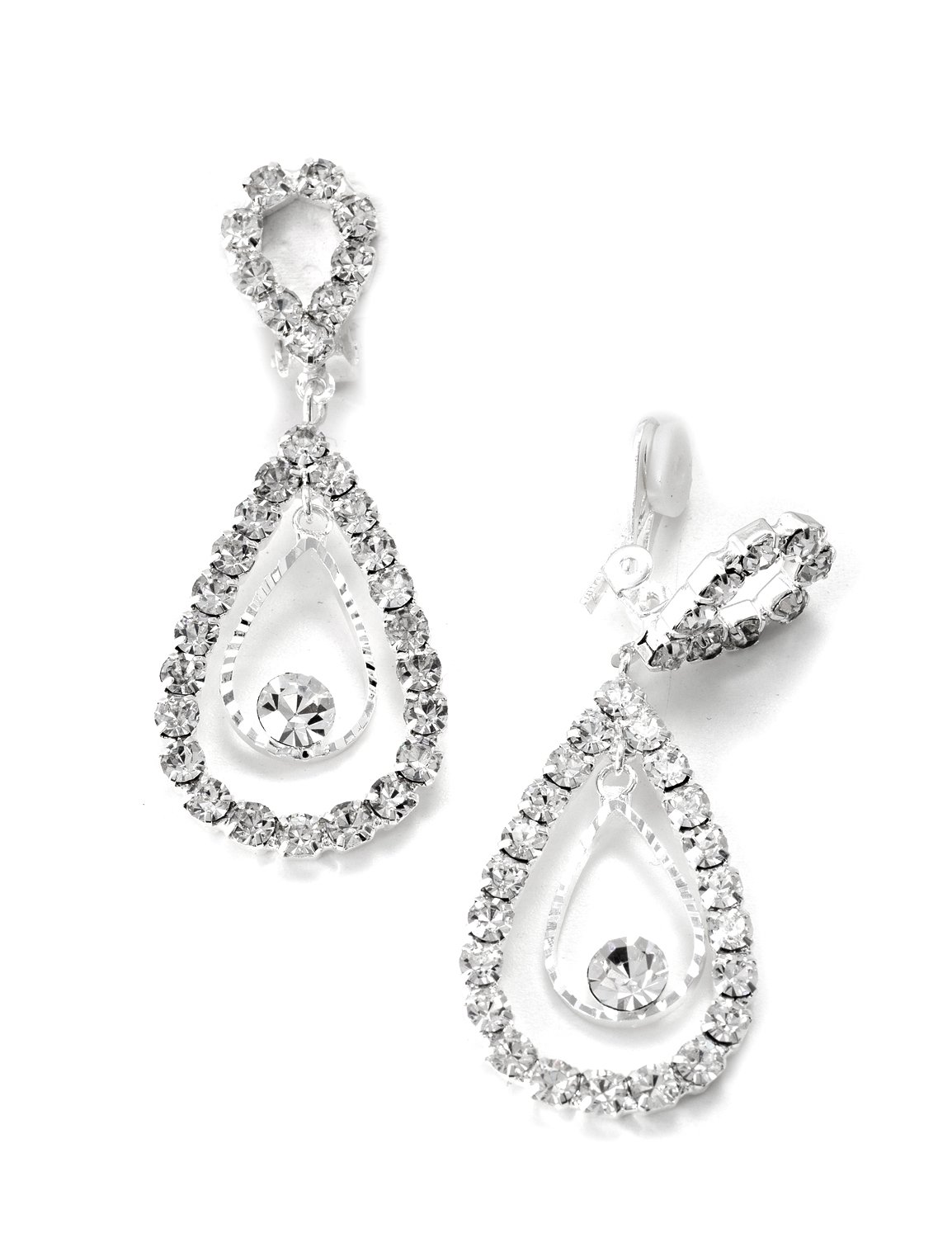 Silver Crystal Rhinestone Two Layer Teardrop Pear Dangle Clip Earrings