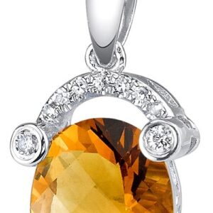 PEORA 14K White Gold 2.23 Carats Citrine and Diamond Pendant for Women, Genuine Gemstone, Large Oval Shape 10x8mm