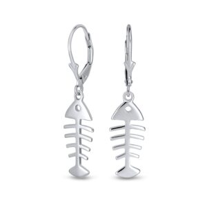 nautical vacation ocean sea lever back drop dangle skeleton fishbone fish earrings for women teen .925 sterling silver