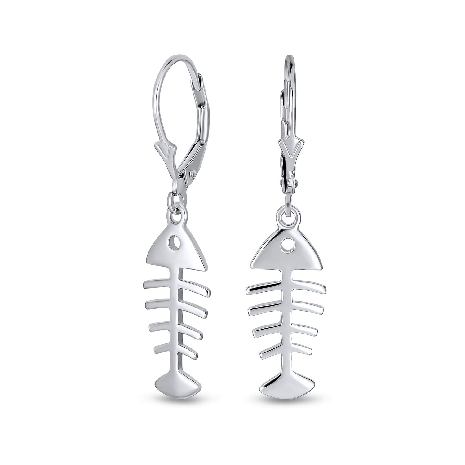 Nautical Vacation Ocean Sea Lever back Drop Dangle Skeleton Fishbone Fish Earrings For Women Teen .925 Sterling Silver