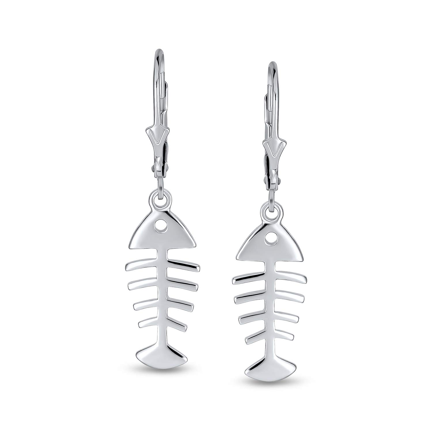 Nautical Vacation Ocean Sea Lever back Drop Dangle Skeleton Fishbone Fish Earrings For Women Teen .925 Sterling Silver