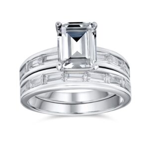 bling jewelry personalize traditional art deco style 2ct emerald cut baguette wedding band aaa cz anniversary engagement ring set for women .925 sterling silver customizable