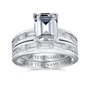 Bling Jewelry Personalize Traditional Art Deco Style 2CT Emerald Cut Baguette Wedding Band AAA CZ Anniversary Engagement Ring Set For Women .925 Sterling Silver Customizable