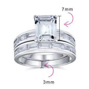 Bling Jewelry Personalize Traditional Art Deco Style 2CT Emerald Cut Baguette Wedding Band AAA CZ Anniversary Engagement Ring Set For Women .925 Sterling Silver Customizable