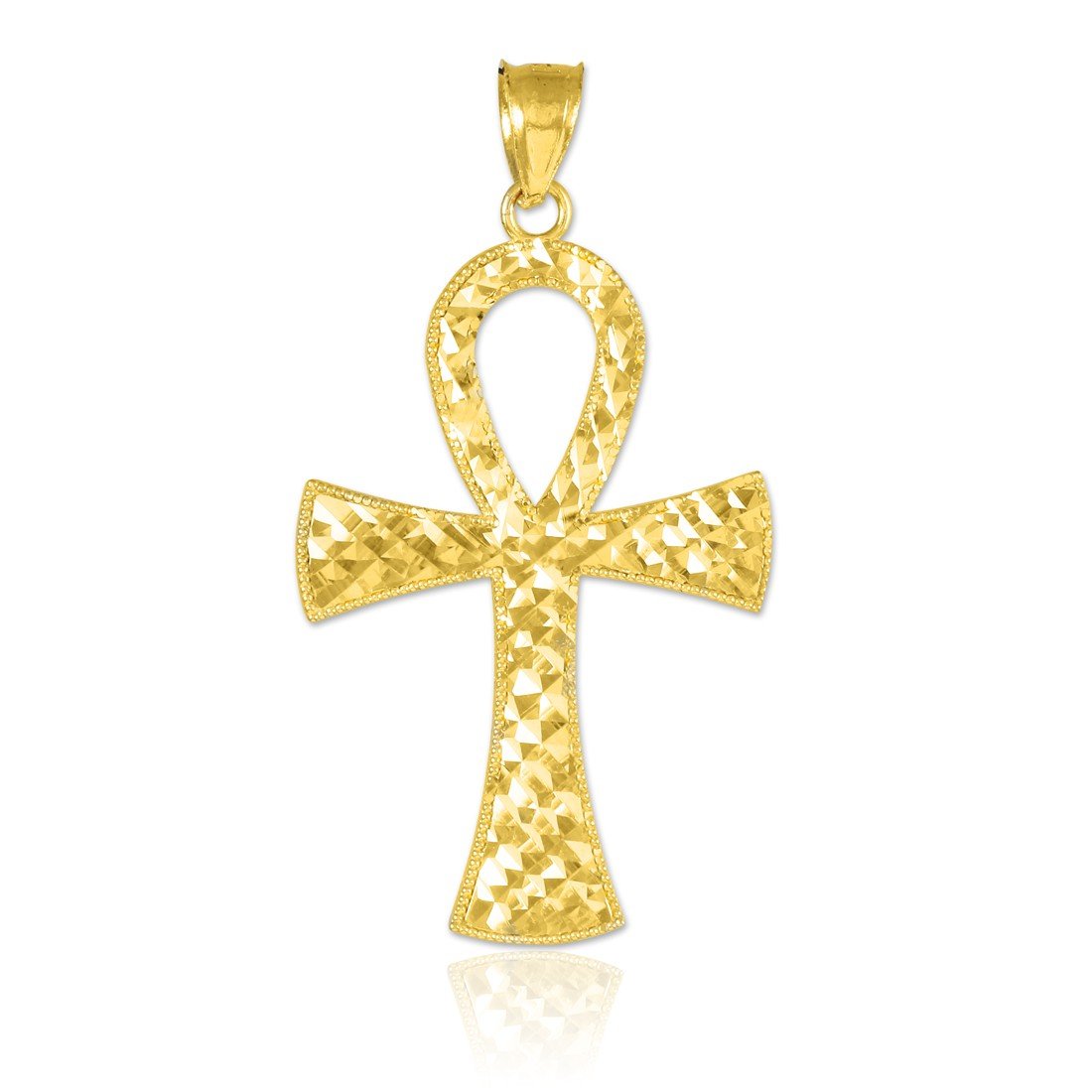 14k Yellow Gold Diamond Plate Milgrain Egyptian Ankh Cross Pendant