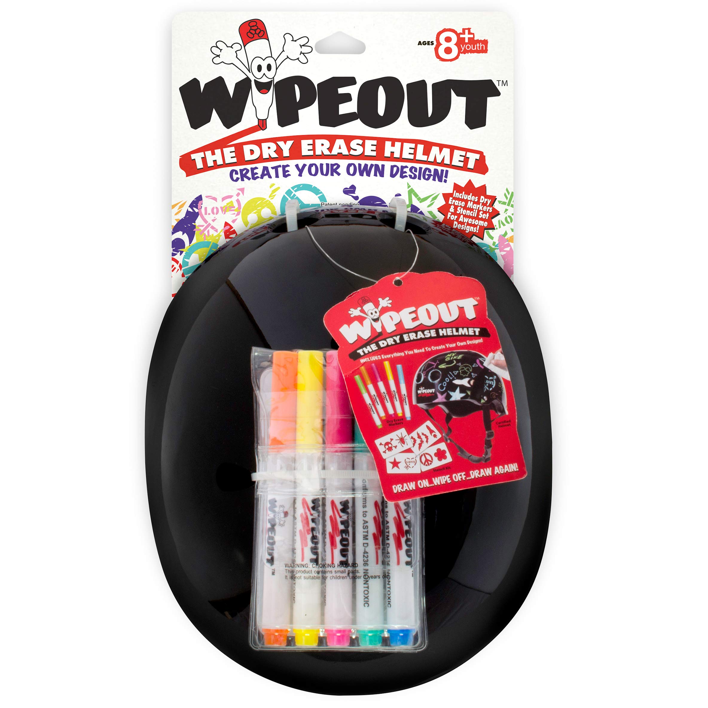 Wipeout Dry Erase Kids Helmet for Bike, Skate, and Scooter, Black, Ages 8+