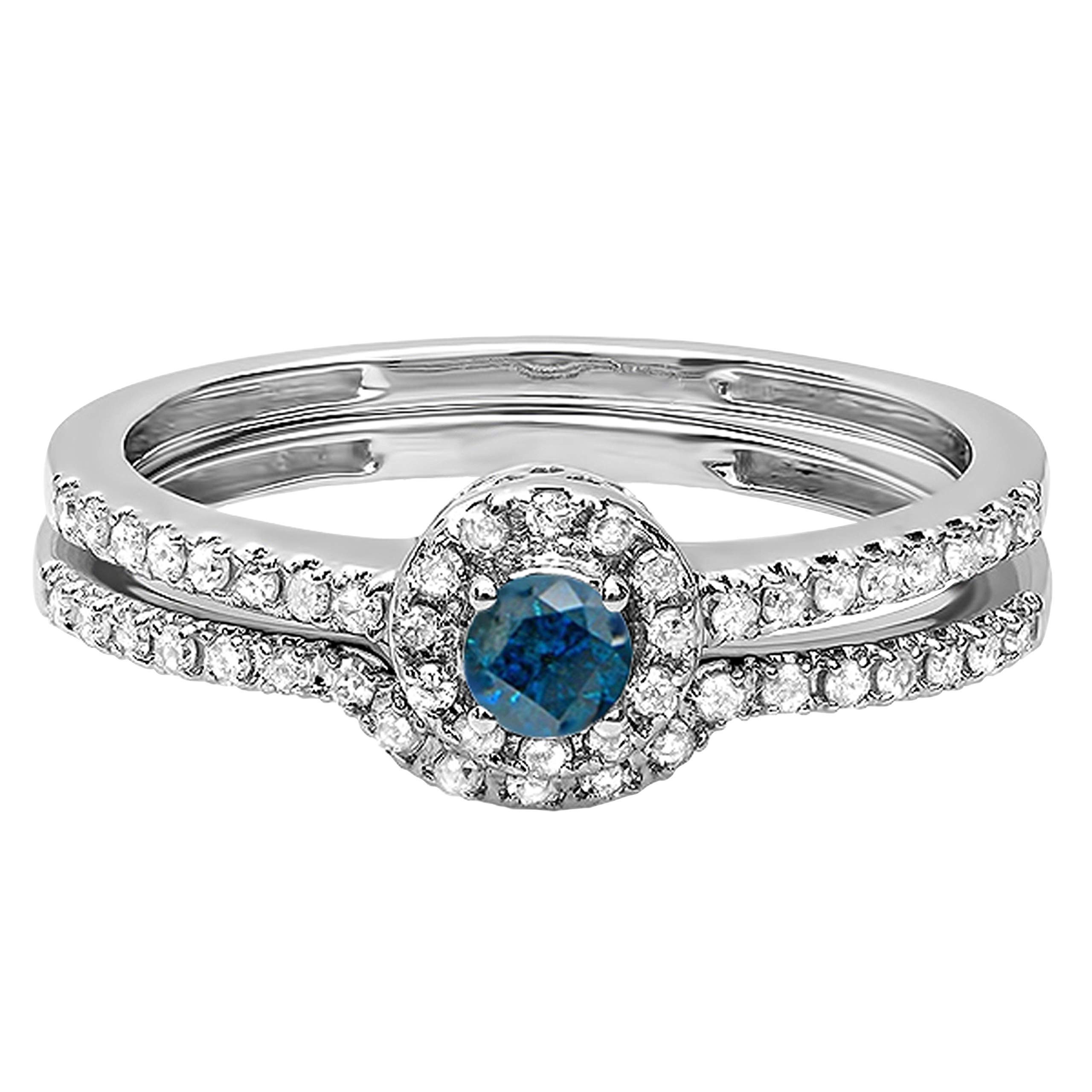 Dazzlingrock Collection 0.45 Carat (Ctw) 14k Round Blue And White Diamond Women Halo Style Bridal Engagement Ring Matching Band Set 1/2 CT, White Gold, Size 7