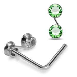 nose studs light green gem s shaped 925 sterling silver 22 gauge l shaped