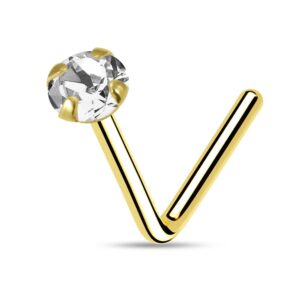 9k solid yellow gold l-shaped with 2mm 4 claw set genuine crystal nose piercing jewelry