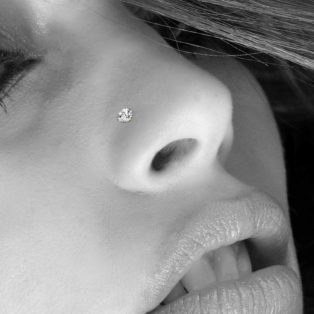 9K Solid Yellow Gold L-Shaped with 2MM 4 Claw set Genuine Crystal Nose Piercing jewelry