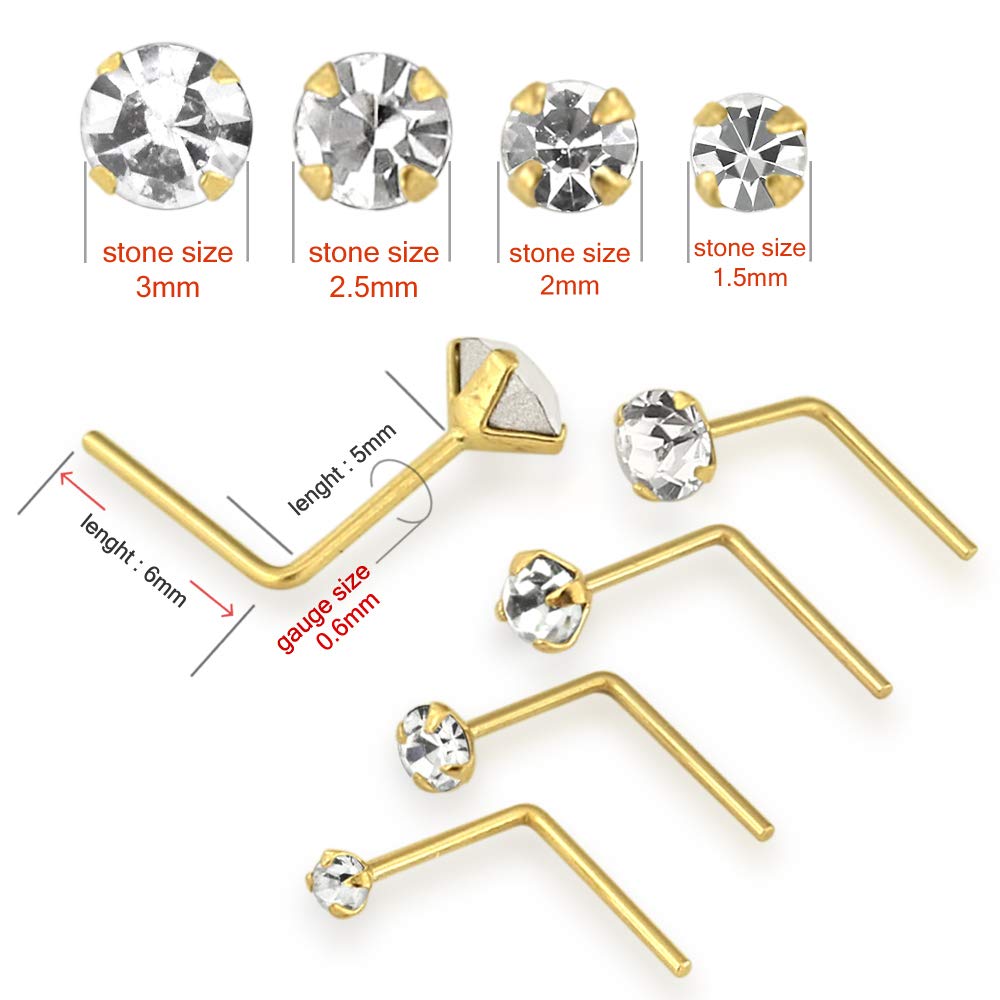 9K Solid Yellow Gold L-Shaped with 2MM 4 Claw set Genuine Crystal Nose Piercing jewelry