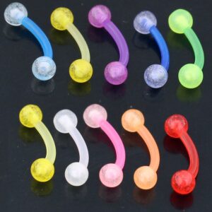 Curved Barbells 16Gx3/8 (1.2x10MM) Flexible Banana with 3MM UV Ball Eyebrow Rings - 10 Pieces Assorted Color as Show