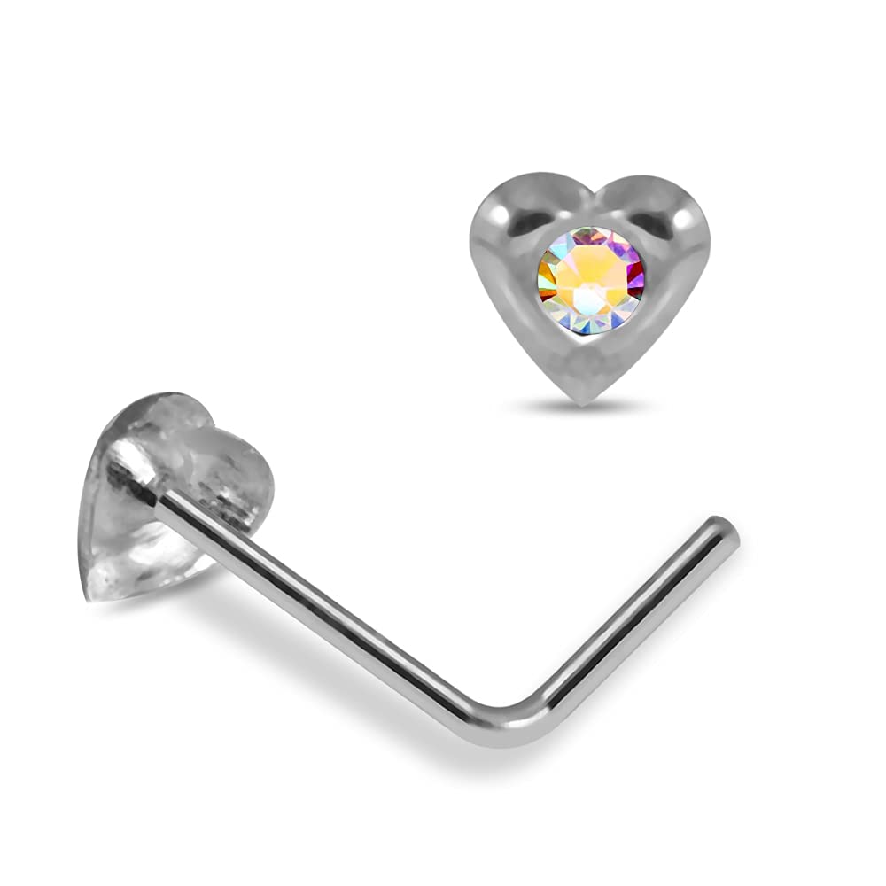 Rainbow Gem Heart 925 Sterling Silver L Shaped Nose Pin - Size 20G(0.8MM) 5mmx5mm