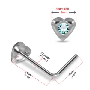 Rainbow Gem Heart 925 Sterling Silver L Shaped Nose Pin - Size 20G(0.8MM) 5mmx5mm