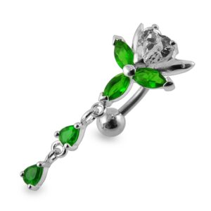 dark green cz crystal stone heart joined flower with teardrop dangling reverse bar 925 sterling silver belly ring body jewelry