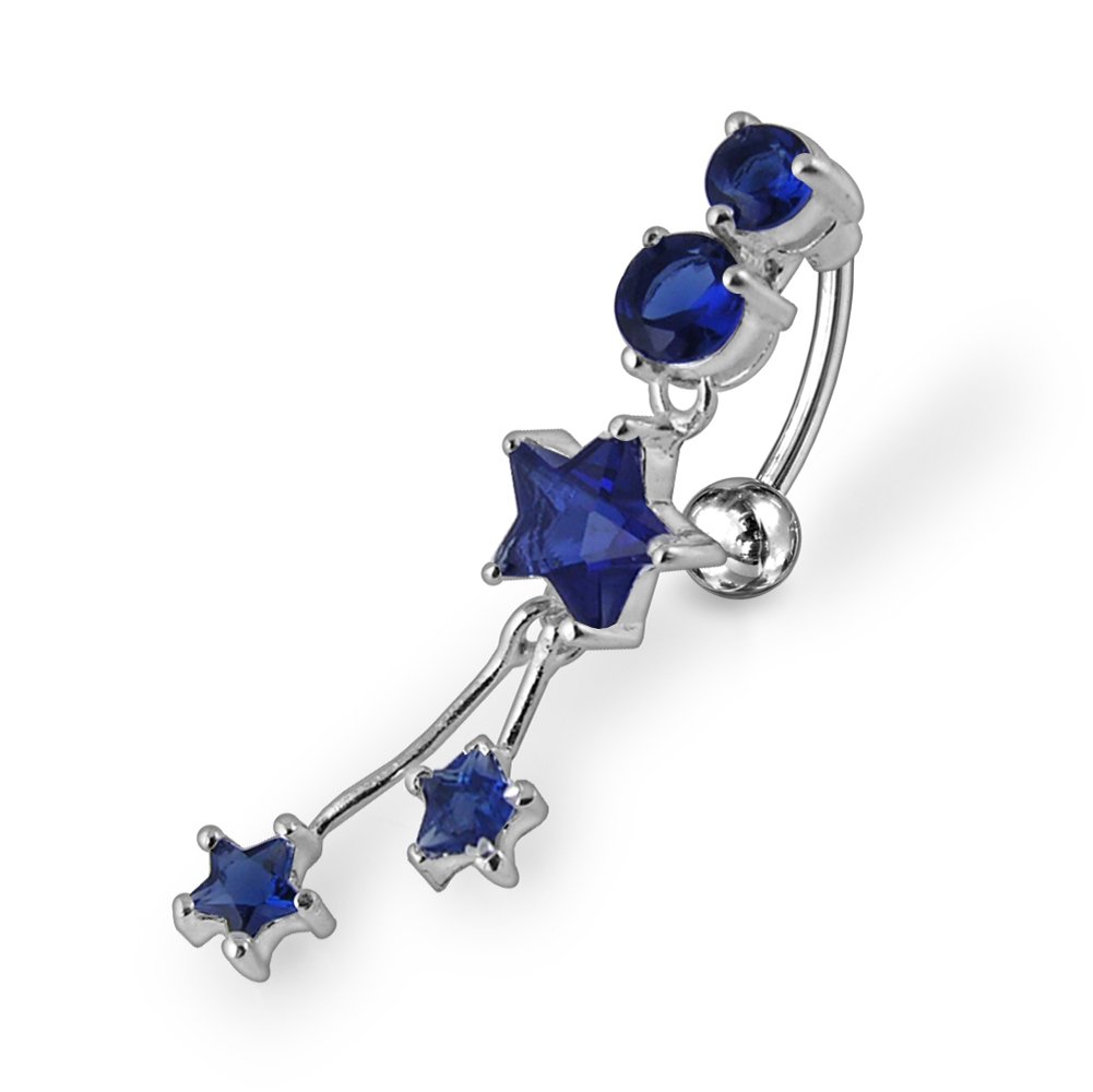 Dark Blue CZ Crystal Stone Two Round and Triple Star Dangling Reverse Bar 925 Sterling Silver Belly Ring Body jewelry