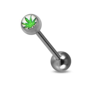 green pot leaf marijuana logo tongue ring. 14gx9/16(1.6x14mm) 316l surgical steel barbell with 6/6mm ball tongue piericng jewelry. price per 1 piece only.