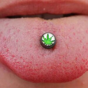 Green Pot Leaf MARIJUANA Logo Tongue Ring. 14Gx9/16(1.6x14mm) 316L Surgical Steel Barbell with 6/6mm Ball Tongue Piericng jewelry. Price per 1 Piece only.