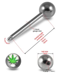 Green Pot Leaf MARIJUANA Logo Tongue Ring. 14Gx9/16(1.6x14mm) 316L Surgical Steel Barbell with 6/6mm Ball Tongue Piericng jewelry. Price per 1 Piece only.