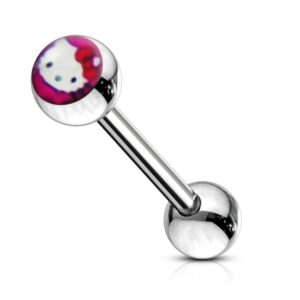 pink hello kitty logo tongue ring. 14gx3/4(1.6x19mm) 316l surgical steel barbell with 6/6mm ball tongue piericng jewelry. price per 1 piece only.