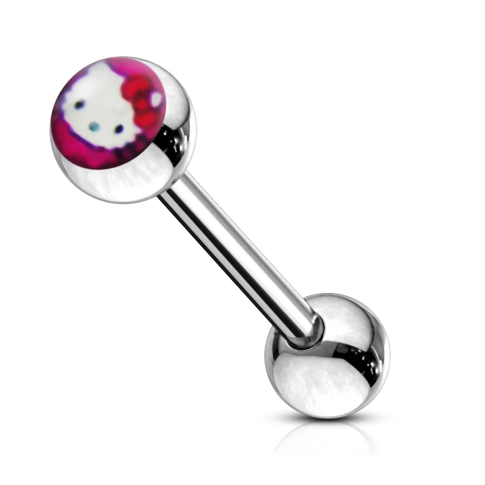 Pink HELLO KITTY Logo Tongue Ring. 14Gx3/4(1.6x19mm) 316L Surgical Steel Barbell with 6/6mm Ball Tongue Piericng jewelry. Price per 1 Piece only.