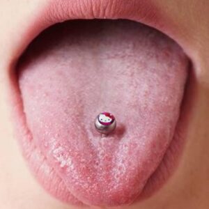 Pink HELLO KITTY Logo Tongue Ring. 14Gx3/4(1.6x19mm) 316L Surgical Steel Barbell with 6/6mm Ball Tongue Piericng jewelry. Price per 1 Piece only.