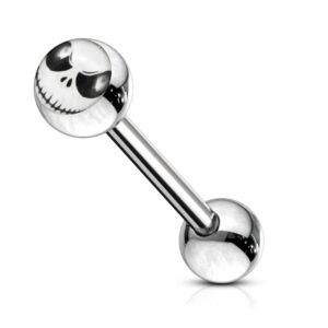 mr.jack logo tongue ring. 14gx7/8(1.6x22mm) 316l surgical steel barbell with 6/6mm ball tongue piericng jewelry. price per 1 piece only.