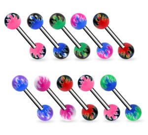 14gx9/16 (1.6x14mm) 316l surgical steel straight barbell with 5mm uv flame ball tongue piercing rings - 10 pieces assorted color as show