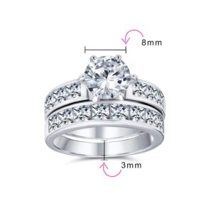 Personalize Traditional 3CT Simple Round Solitaire Brilliant Cut AAA CZ Side Stone Princess Cut Band Anniversary Engagement Wedding Ring Set For Women .925 Sterling Silver Customizable